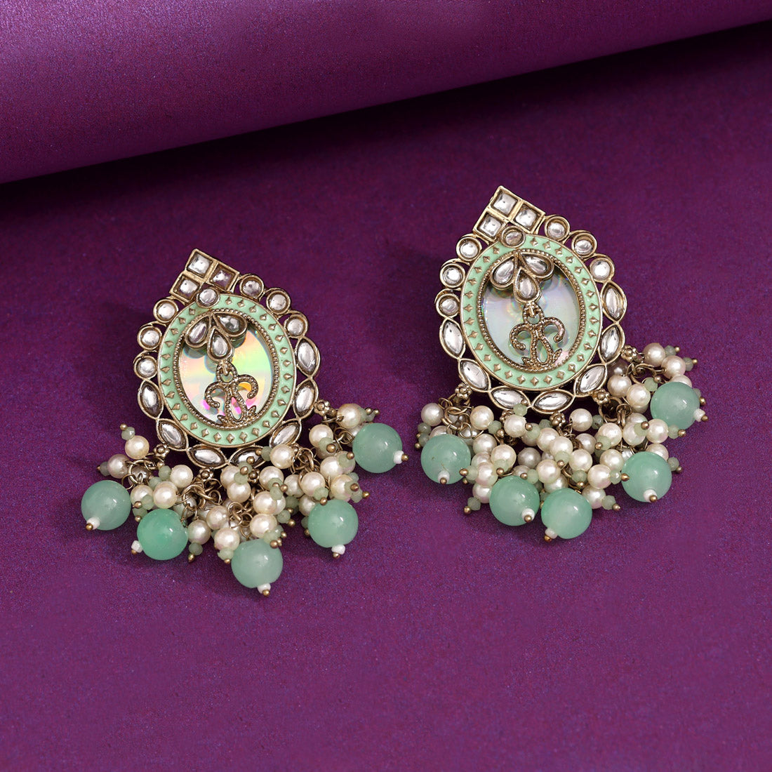 Pista Green Color Kundan Earrings (KDE976PGRN)