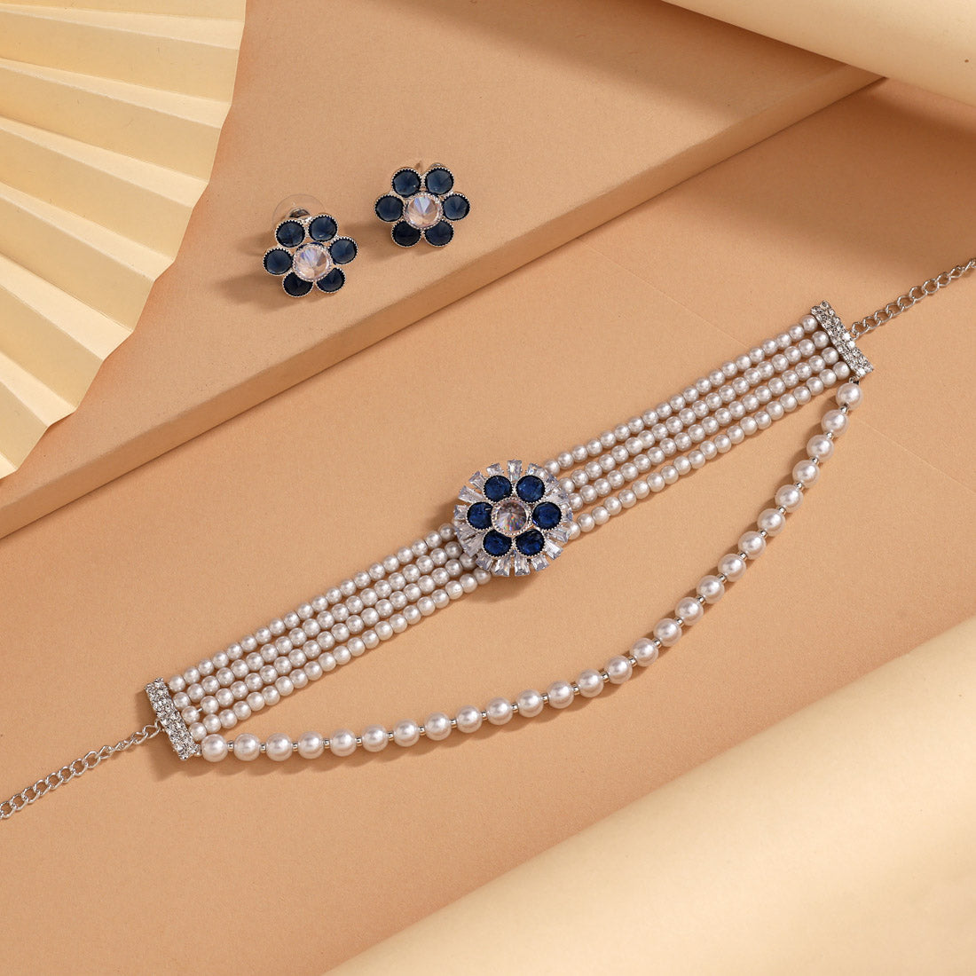 Blue Color Choker Stone Necklace Set (STN244BLU)