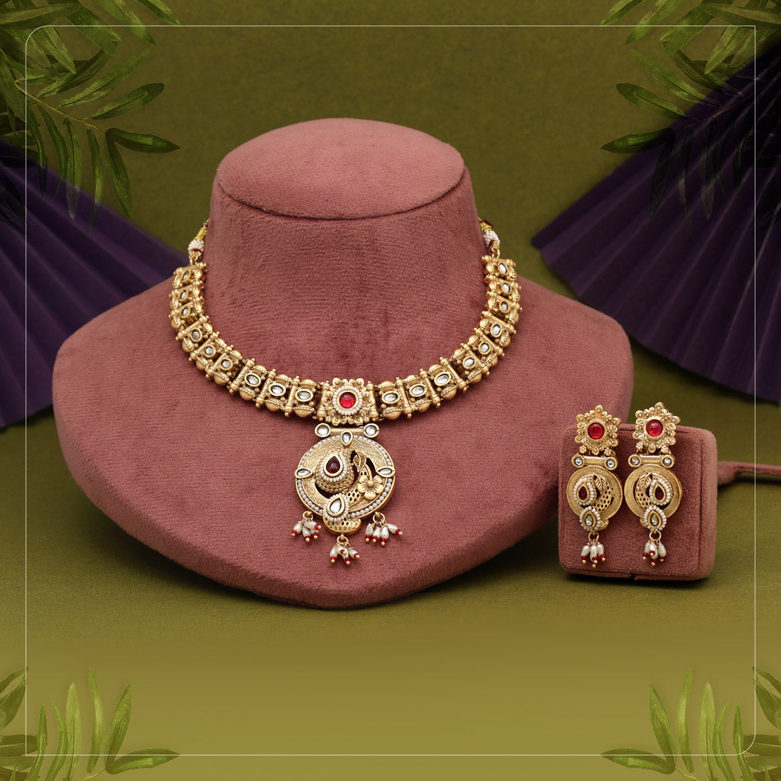 Rani Color Matte Gold Rajwadi Temple Necklace Set (TPLN733RNI)